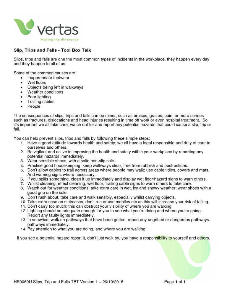 Vertas - Slips Trips Falls | PDF | Occupational Safety And Health | Hazards