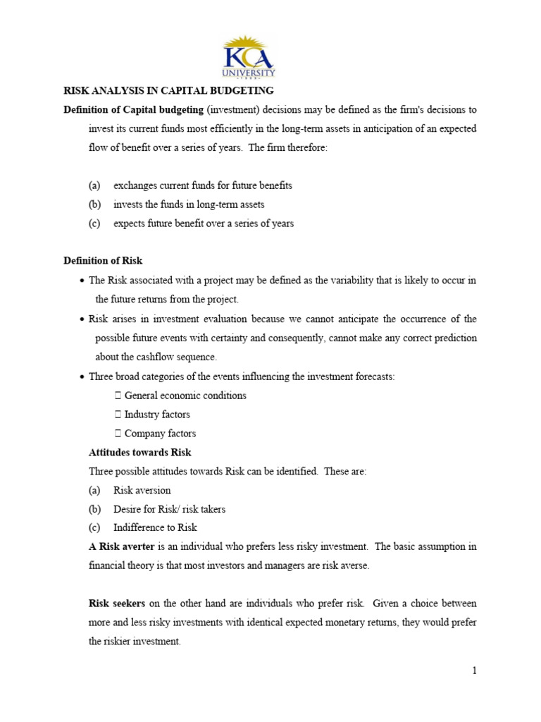 RISK ANALYSIS IN CAPITAL BUDGETING Hand Out | PDF | Net Present Value ...