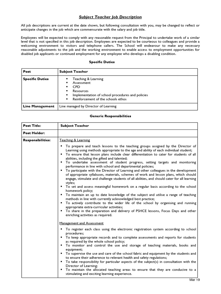 Subject Teacher Job Description | PDF | Teachers | Learning
