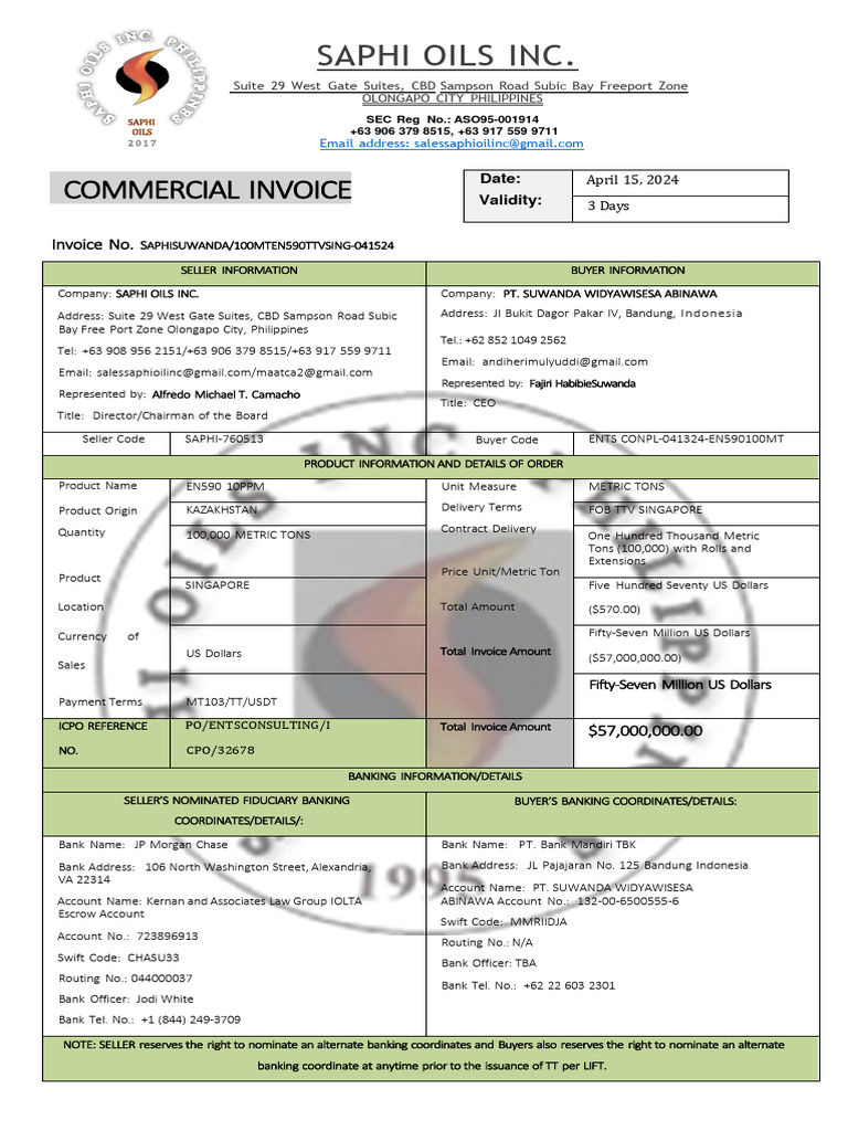 Commercial Invoice EN590 10PPM | PDF | Invoice
