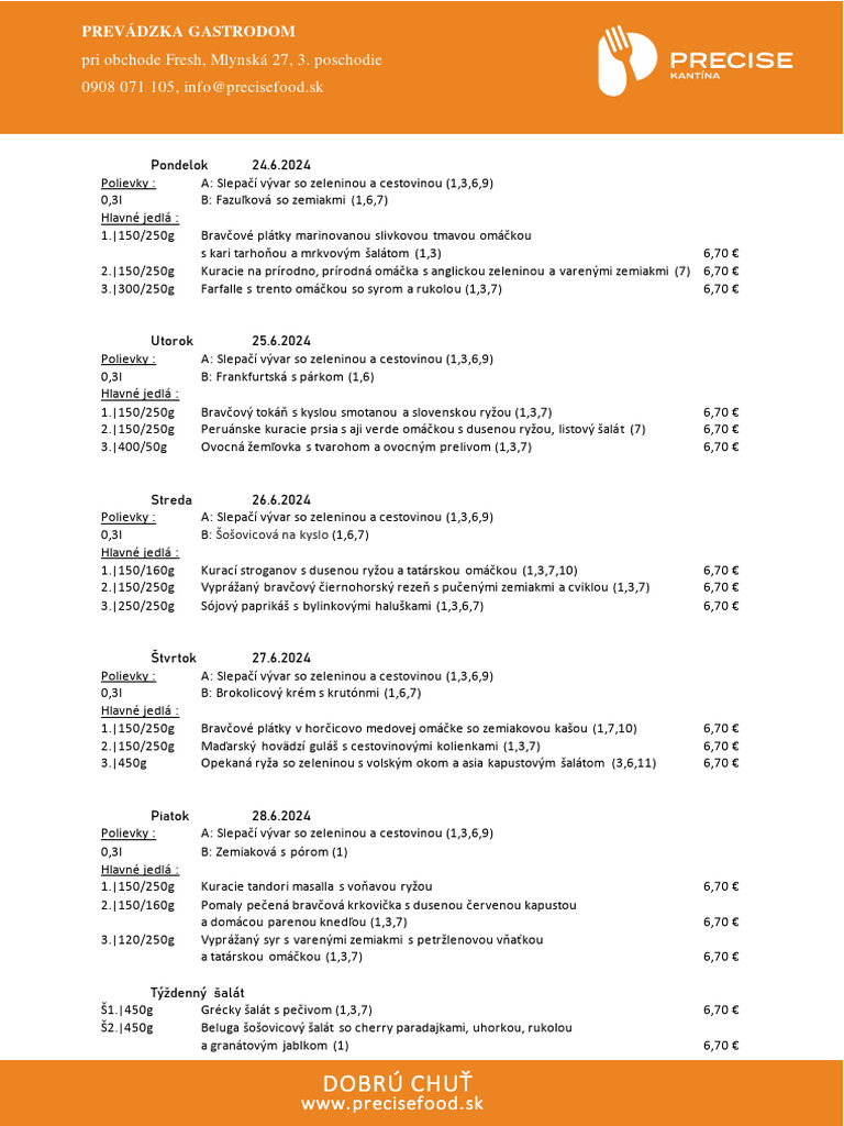 Jedalny Listok 24.6. 28.6.2024 VIII. Tyzden GD | PDF