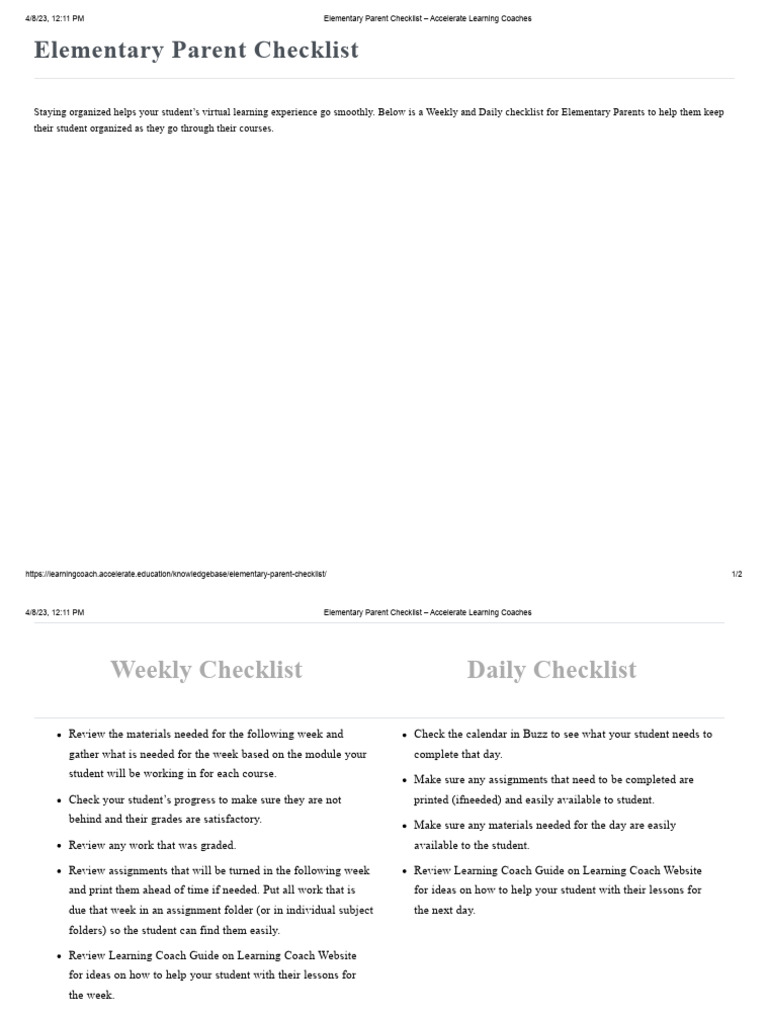 Elementary Parent Checklist - Accelerate Learning Coaches | PDF