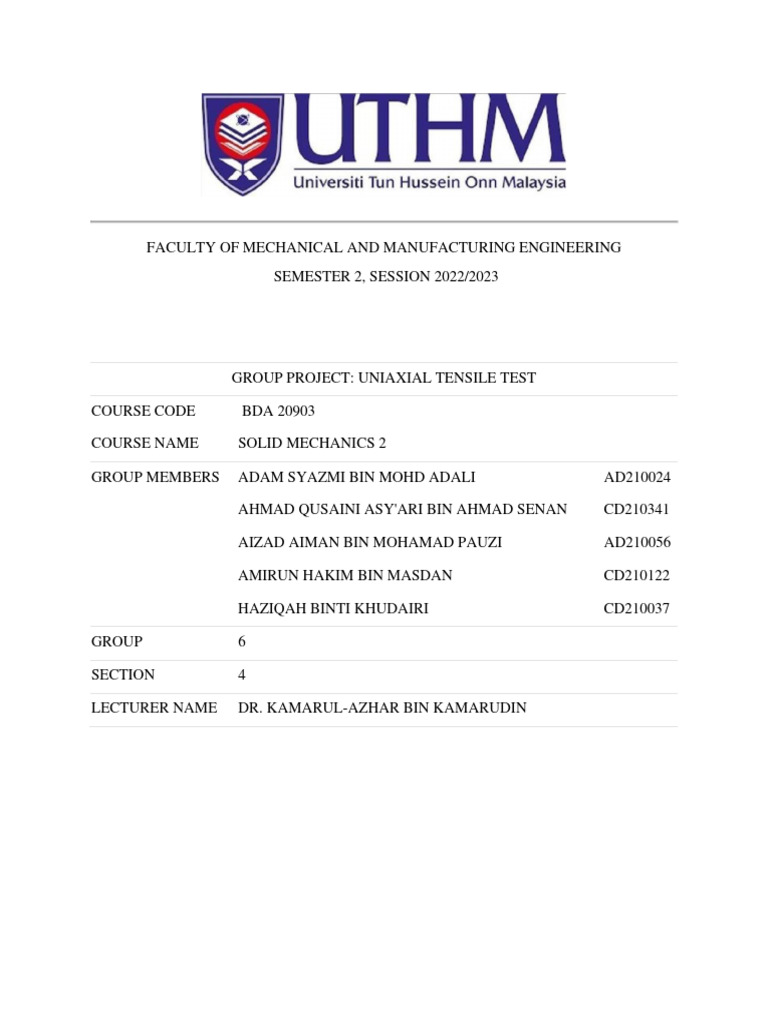 Group 6 - Report Solid Mechanic 2 | PDF | Deformation (Engineering) | Ultimate Tensile Strength