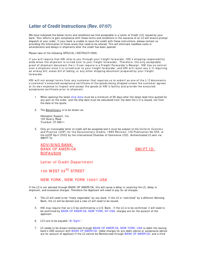 Letter of Credit Instructions for HSI | PDF