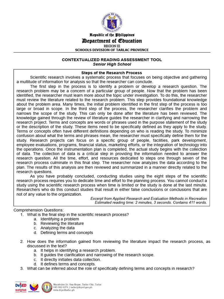 Shs. Contextualized Reading Assessment Tool | PDF | Reading Comprehension | Analysis