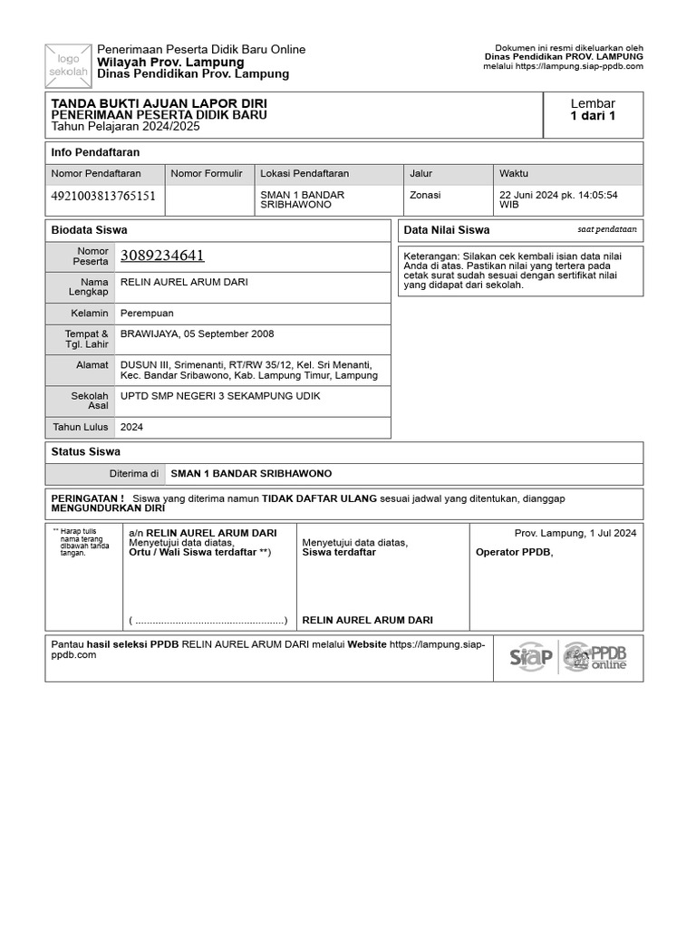 Tanda Tangan Relin Aurel PPDB 2024 | PDF