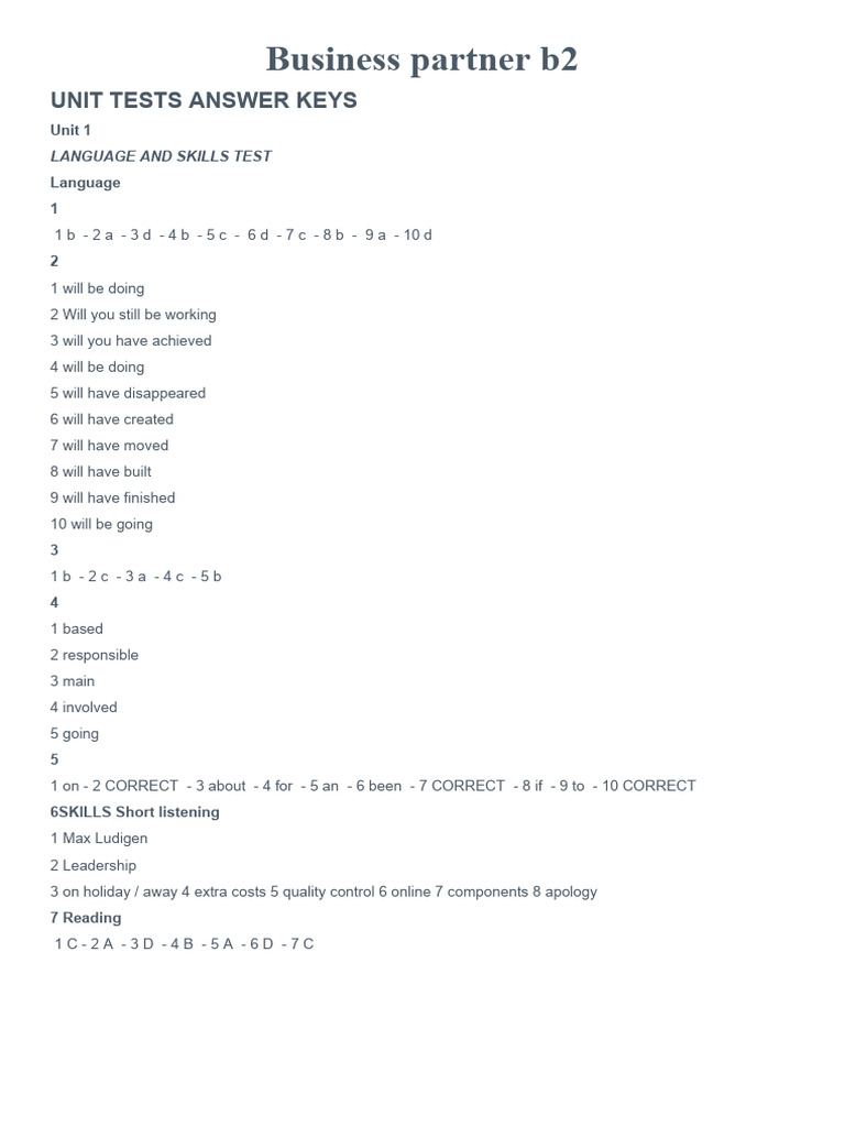 The Unit Tests'Answer Keys For Business Partner B2 | PDF | Supply Chain ...