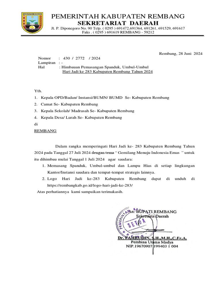 Surat Edaran Logo Hari Jadi 283 | PDF | Griya & Taman