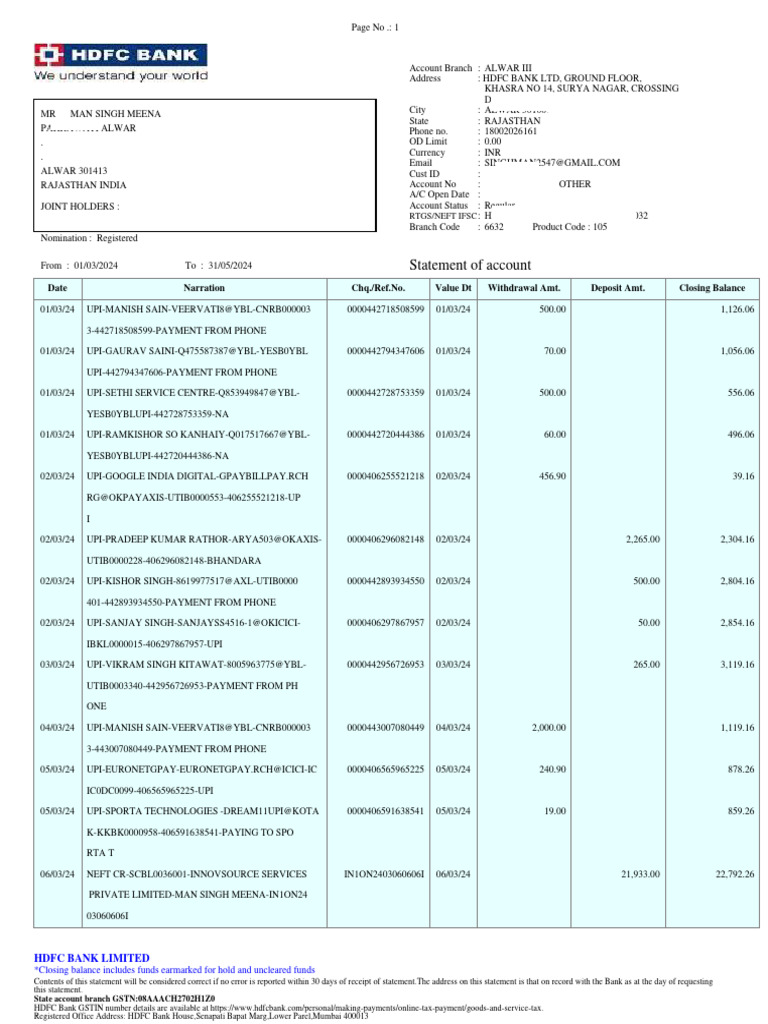 HDFC Bank Statement Sample | PDF | Business | Payments