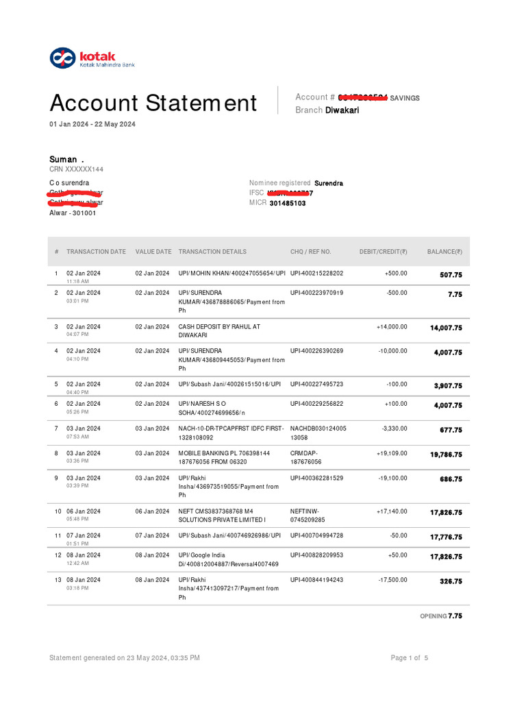 Kotak Mahindra Bank Statement Sample | PDF | Debit Card | Payments