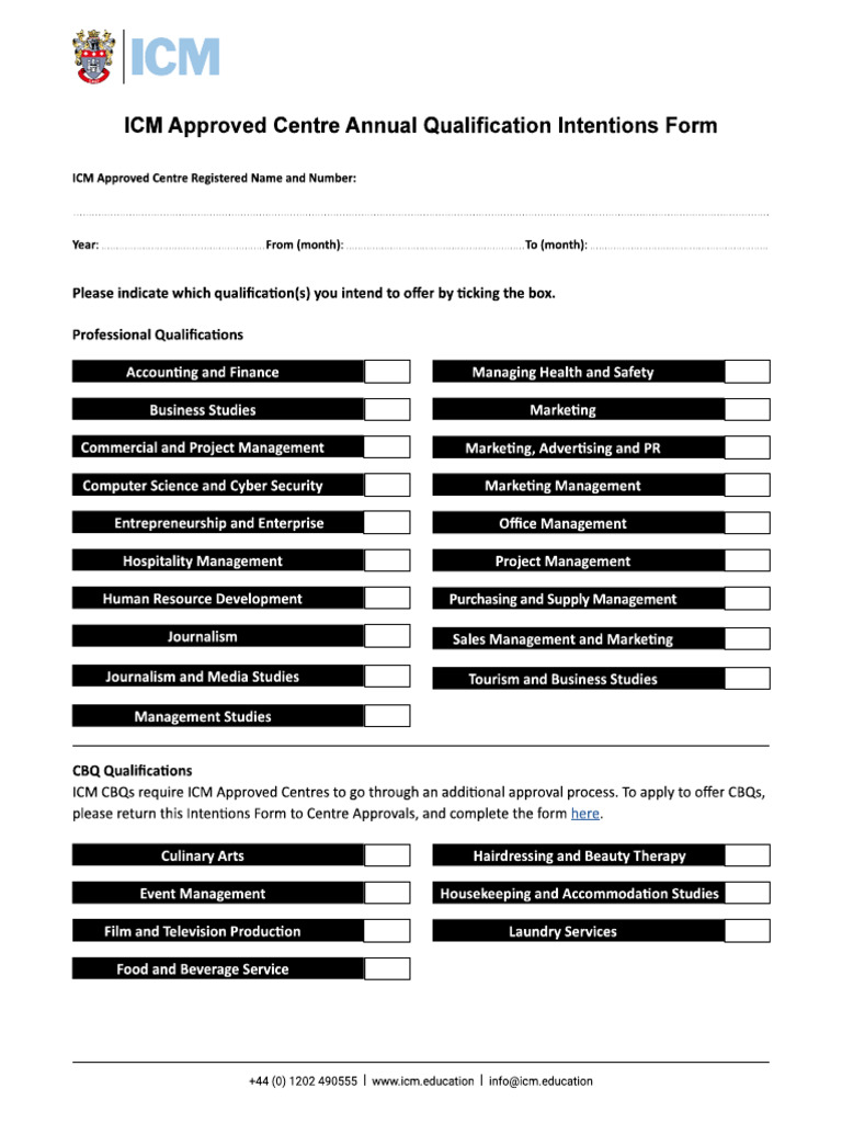 ICM Approved Centre Annual Qualification Intentions Form | PDF
