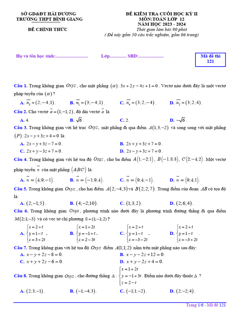 De Cuoi Hoc Ky 2 Toan 12 Nam 2023 2024 Truong THPT Binh Giang Hai Duong | PDF