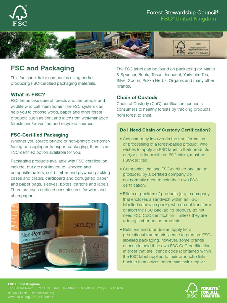 FSC and Packaging Factsheet 0619 | PDF | Forest Stewardship Council | Packaging And Labeling
