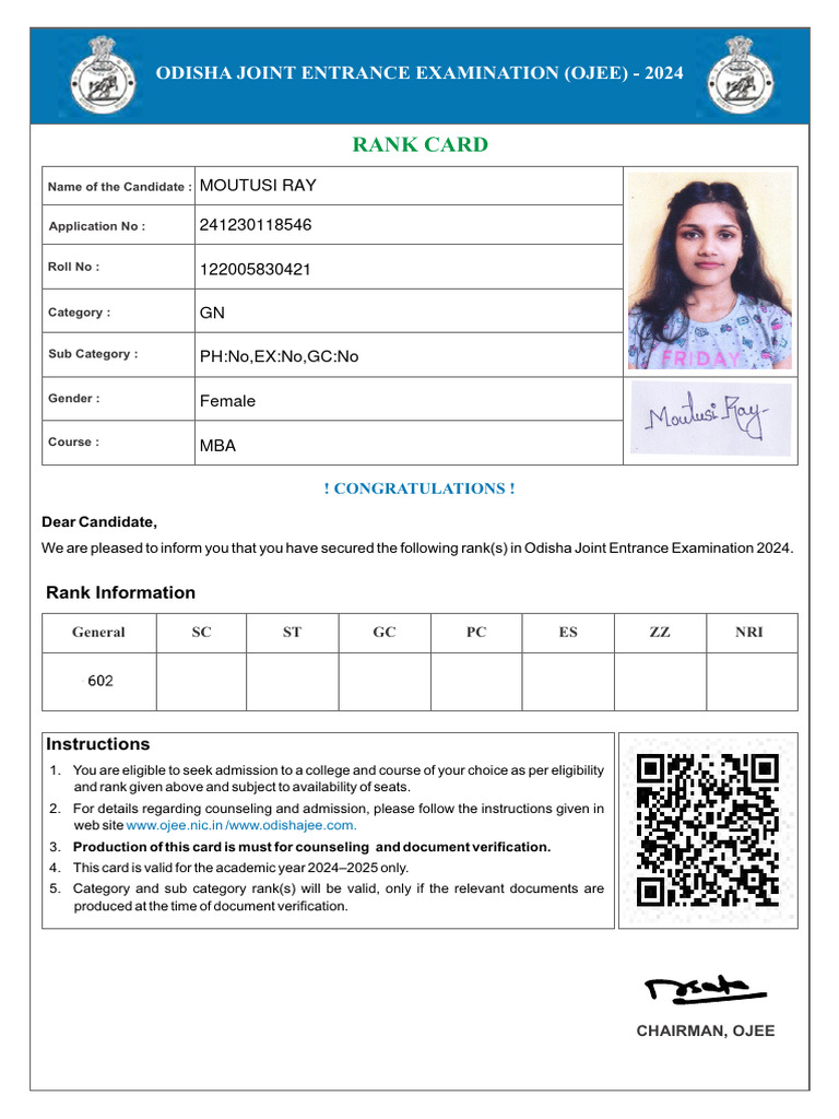 Rank Card: Odisha Joint Entrance Examination (Ojee) - 2024 | PDF