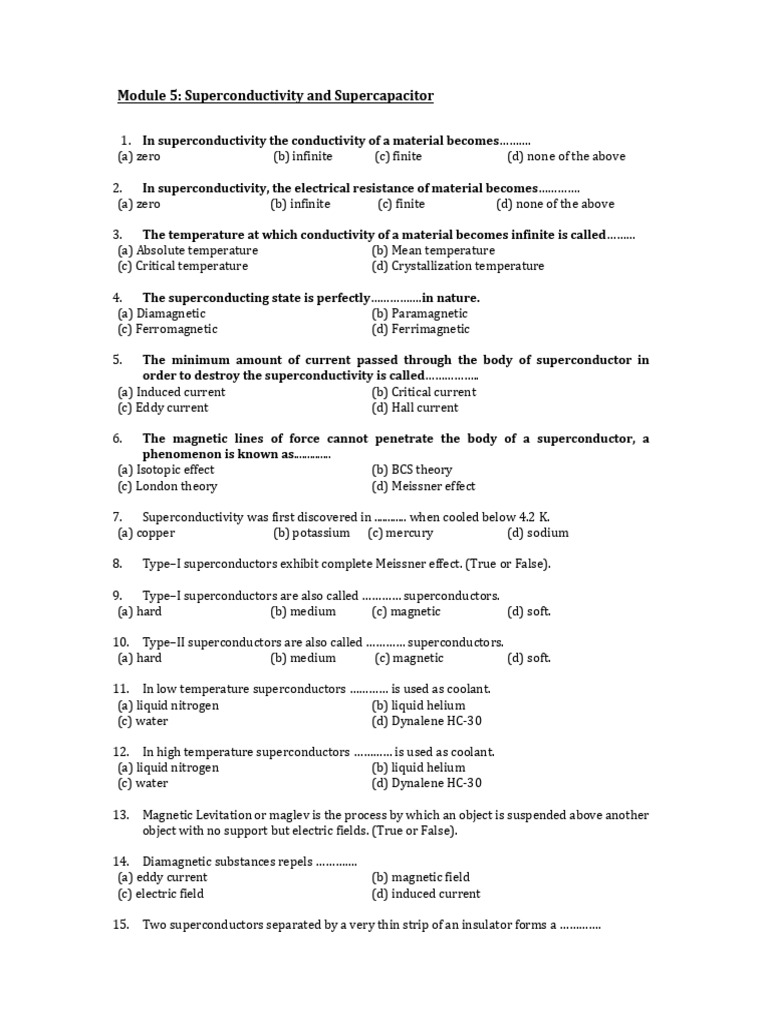 MCQ Module 5 Superconductivity Supercapacitor | PDF | Superconductivity | Electricity