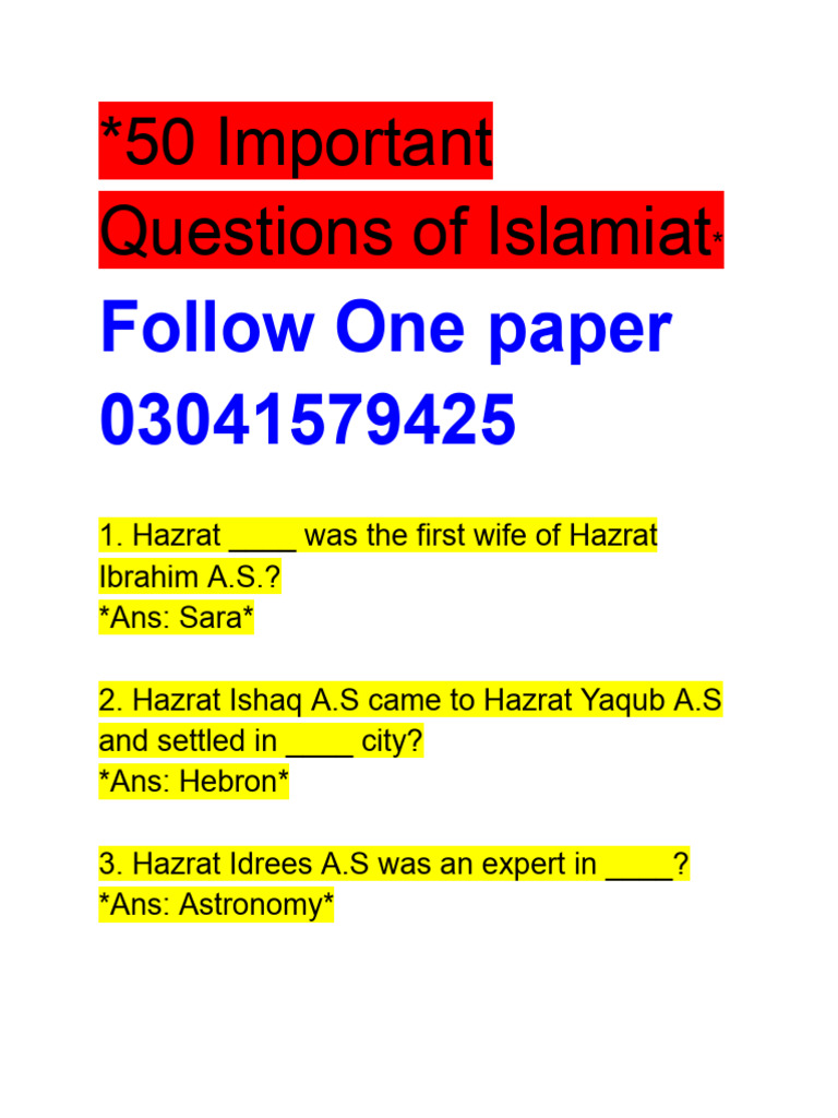 50 Key Islamiat Questions & Answers | PDF | Ramadan | Abrahamic Religions
