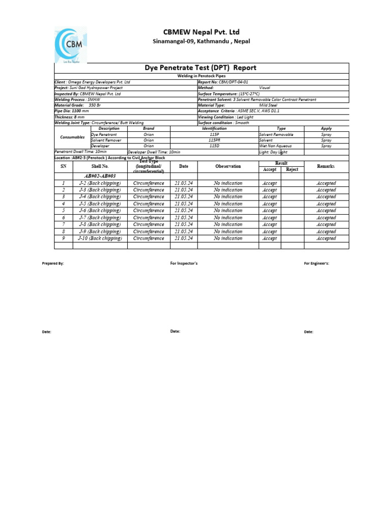 Dye Penetrant Test Report for Welding | PDF | Welding | Construction