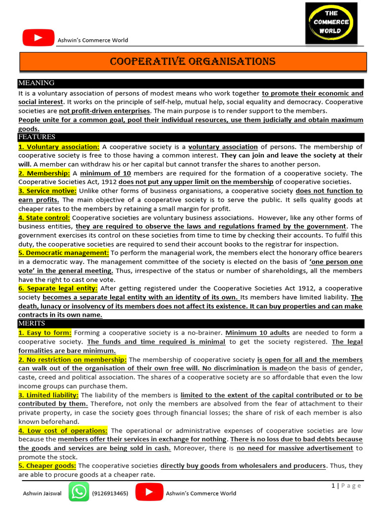 CH 11 ISC Class 11 Commerce | PDF | Cooperative | Economies