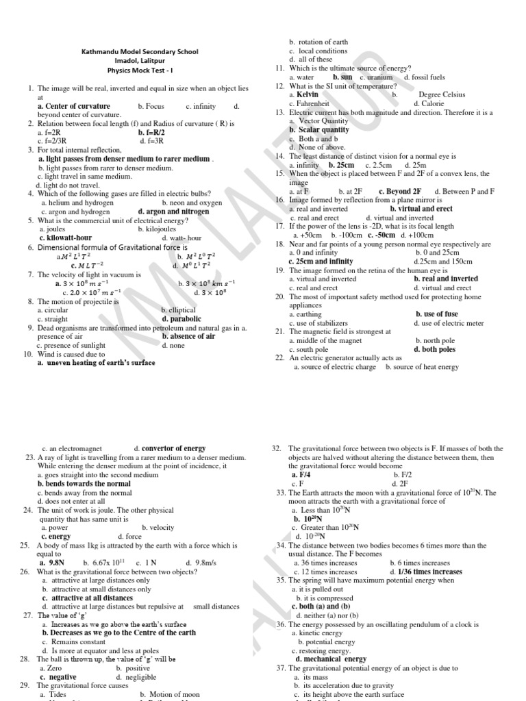 MOCK PHYSICS 1st | PDF | Potential Energy | Force