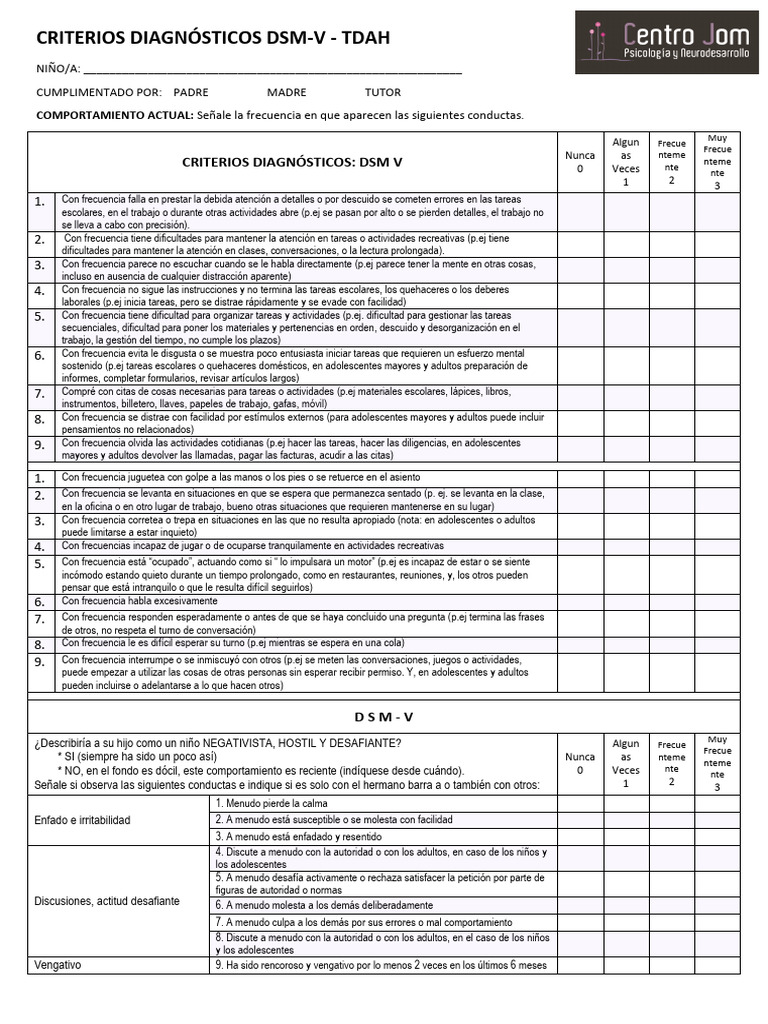CRITERIOS DIAGNÓSTICOS - Tdah DSM - V | PDF | Desorden hiperactivo y deficit de atencion ...
