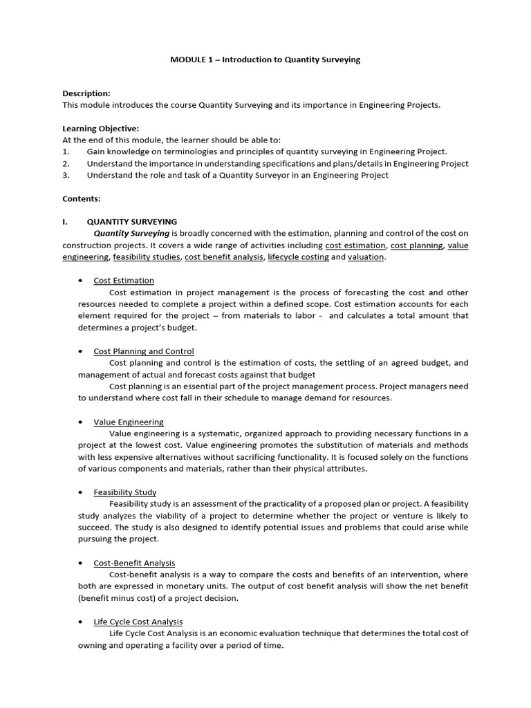 MODULE 1 Introduction To Quantity Surveying | PDF | Cost–Benefit Analysis | Specification ...