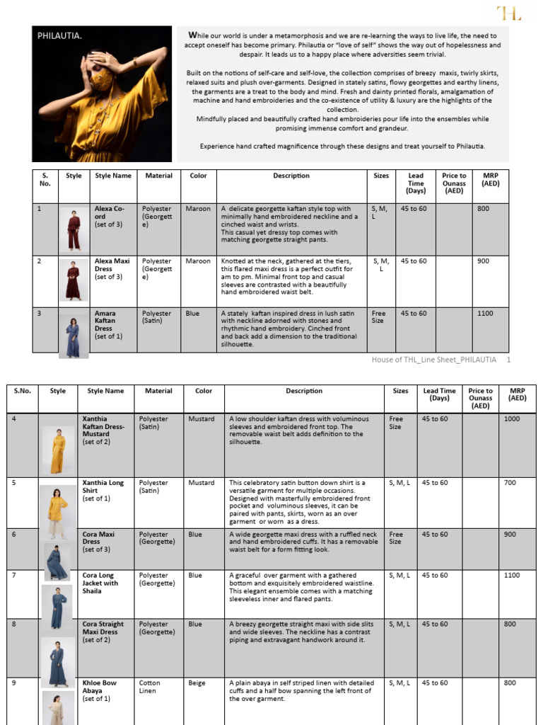 THL - Line Sheet - Collection IV - PHILAUTIA - 28072020 | PDF | Blouse ...