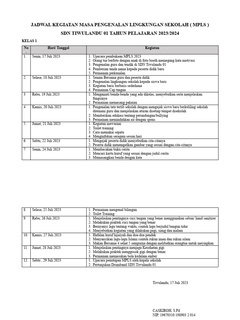 Jadwal Kegiatan Mpls SDN Tiwulandu 01 | PDF