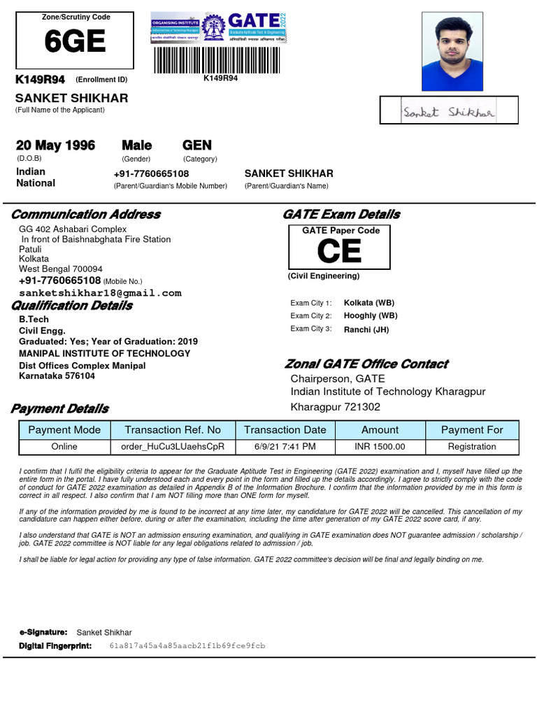 GATE 2022 Registration Details for Sanket Shikhar | PDF