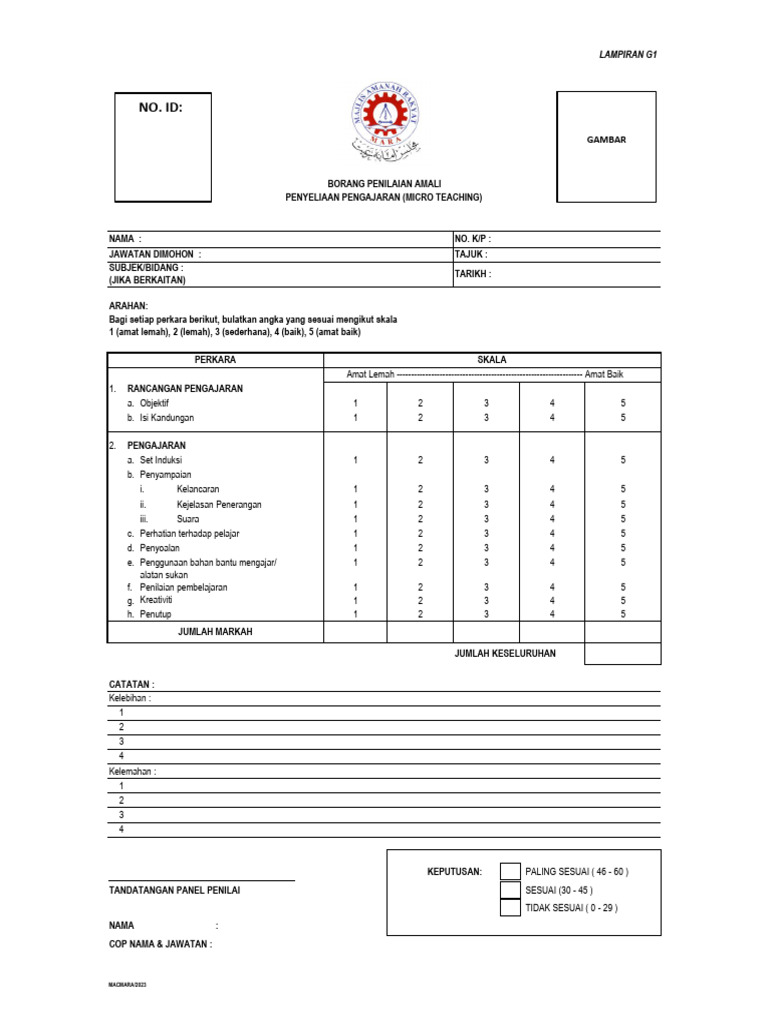 Lampiran G1 - Borang Penilaian Micro Teaching (2 Salinan) | PDF