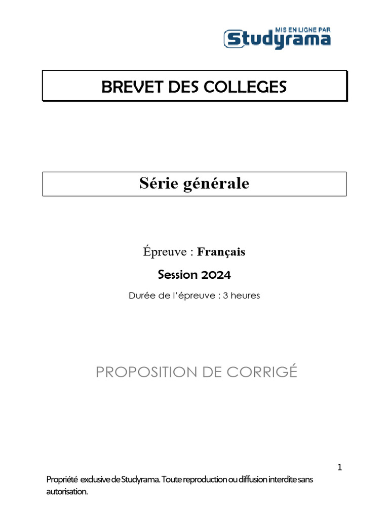 Corrig Brevet Franais 2024 Asie