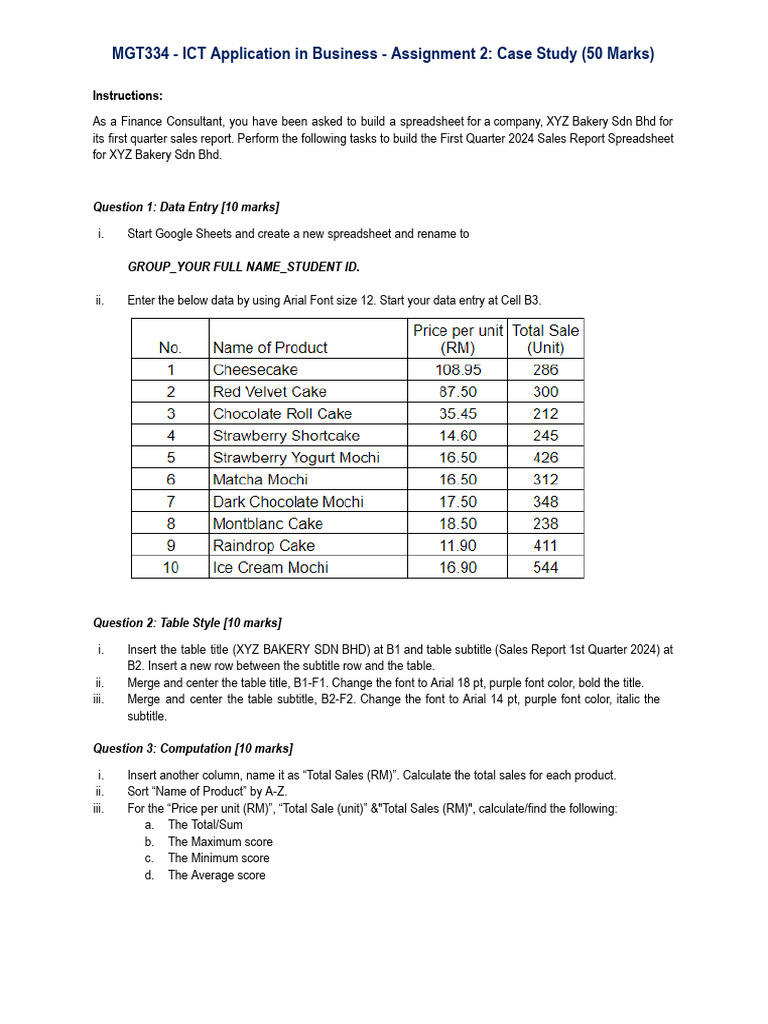 MGT334-Assignment 2-Google Sheets - 2024 | PDF | Spreadsheet | Computer Programming