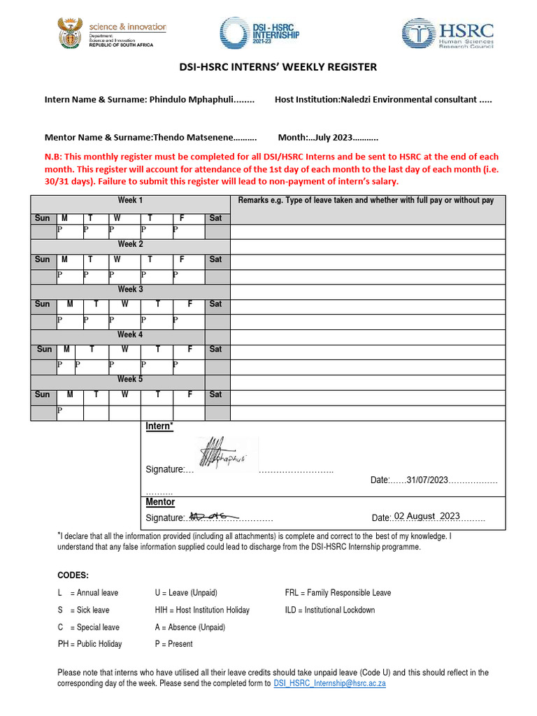 DSI-HSRC Intern Weekly Attendance Register | PDF