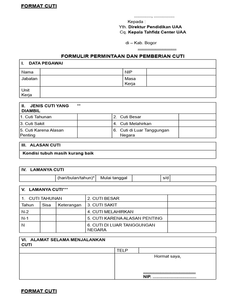 Format Cuti | PDF | Pengelolaan Keuangan & Uang