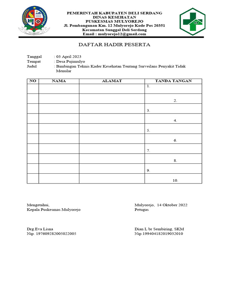 Daftar Hadir Peserta Bimtek Kader Pd3i | PDF