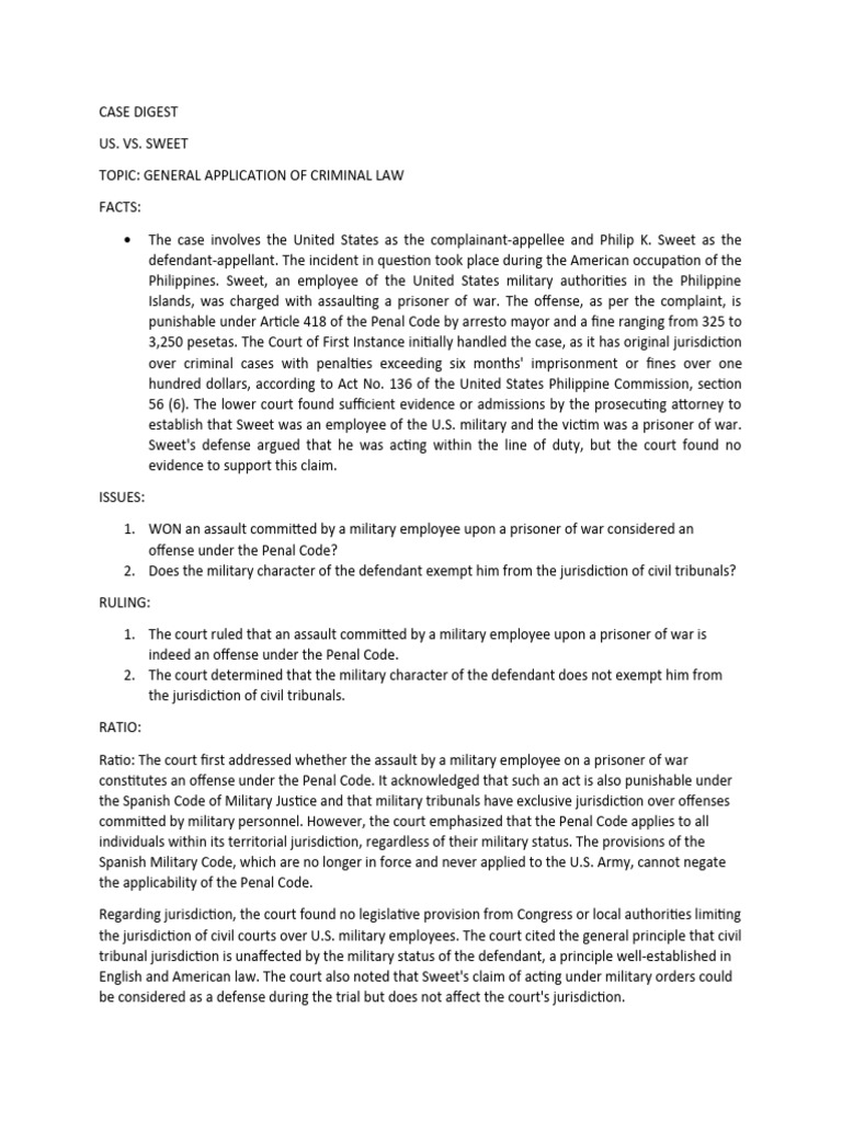 Us vs. Sweet Case Digest | PDF | Jurisdiction | Criminal Law