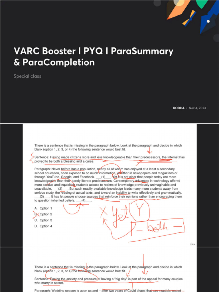 VARC Booster I PYQ I ParaSummary ParaCompletion With Anno | PDF