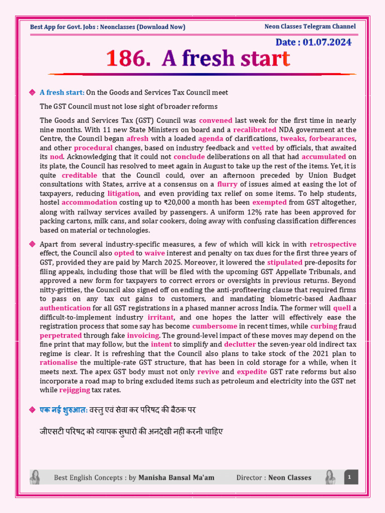 A Fresh Start The Hindu Editorial | PDF | Authentication | Verb