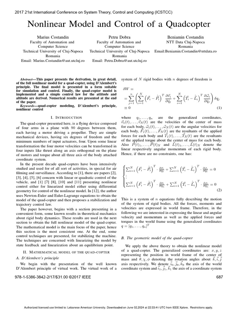 Nonlinear Model and Control of A Quadcopter | PDF | Torque | Force