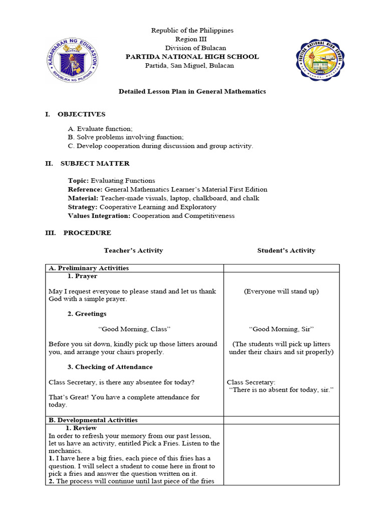 Gen Math DLP (Evaluating Functions) | PDF | Function (Mathematics) | Cognition
