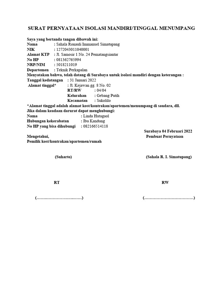 SURAT PERNYATAAN ISOLASI MANDIRI | PDF SURAT PERNYATAAN ISOLASI MANDIRI | PDF