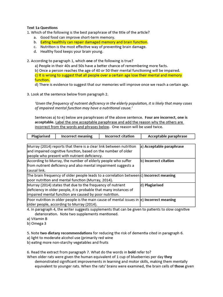 The Brain Food Questions | PDF | Dietary Supplements | Memory