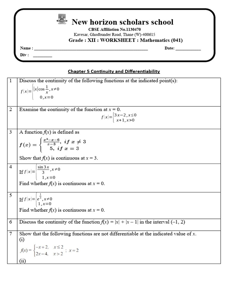 CH 5 Continuity. and Differentiability Worksheet | PDF | Continuous Function | Mathematical Objects