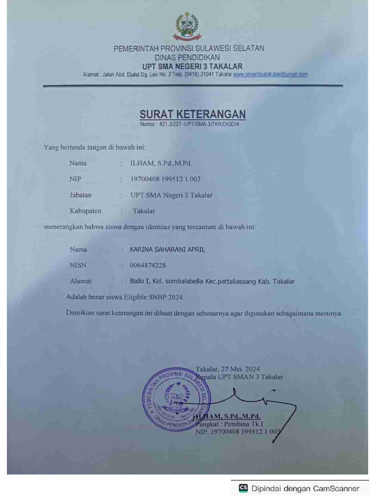 Surat Keterangan Siswa Eligible Karina Saharani April - Compressed | PDF