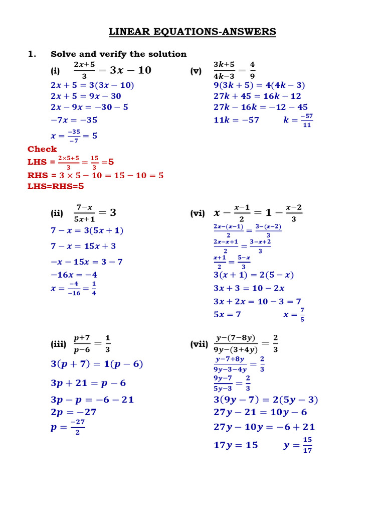 Linear Equations Solutions and Examples | PDF | Equations | Arithmetic