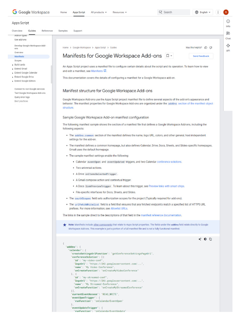 Developers Google Apps Script Add Ons Concepts Workspace Manifests Pdf
