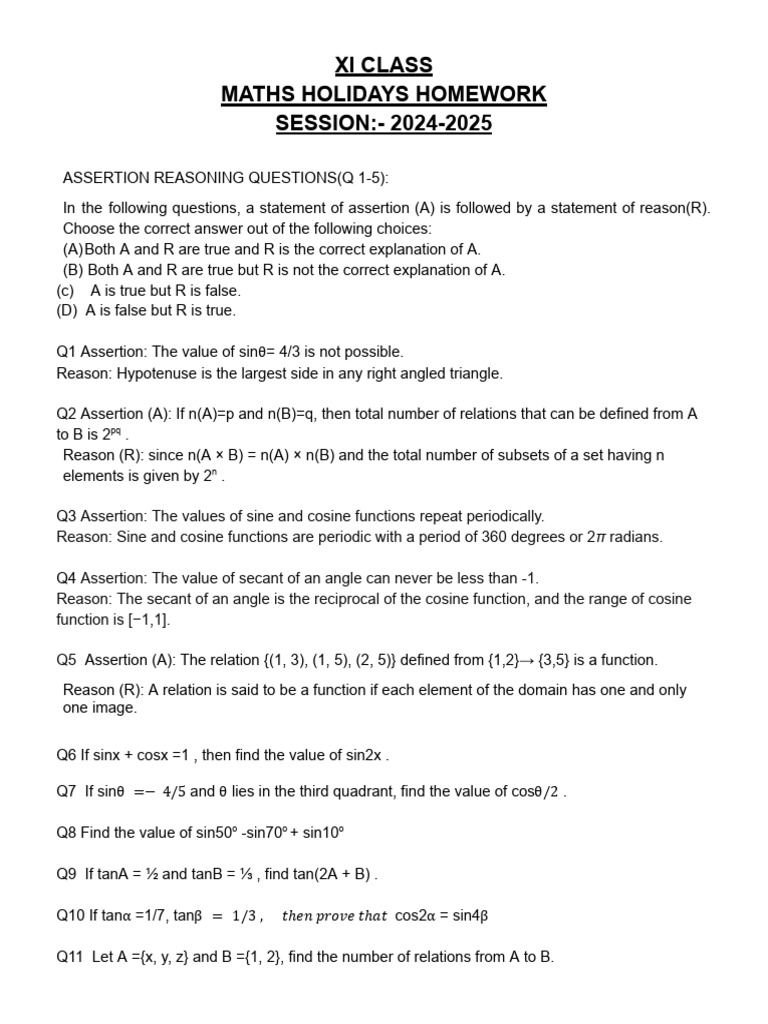 Xi Class HHW 2024 | PDF | Trigonometric Functions | Mathematical Relations