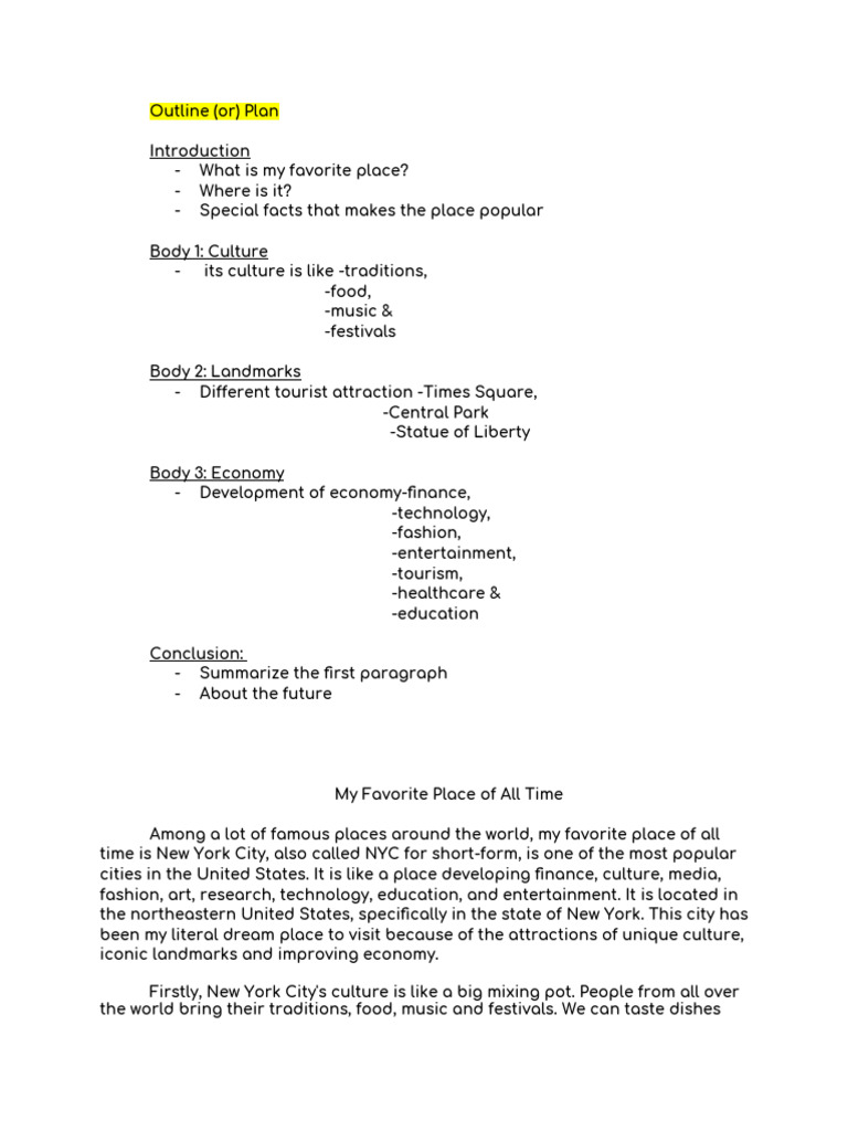 Outline and Paragraph of 'My favorite place of all time' | Download ...