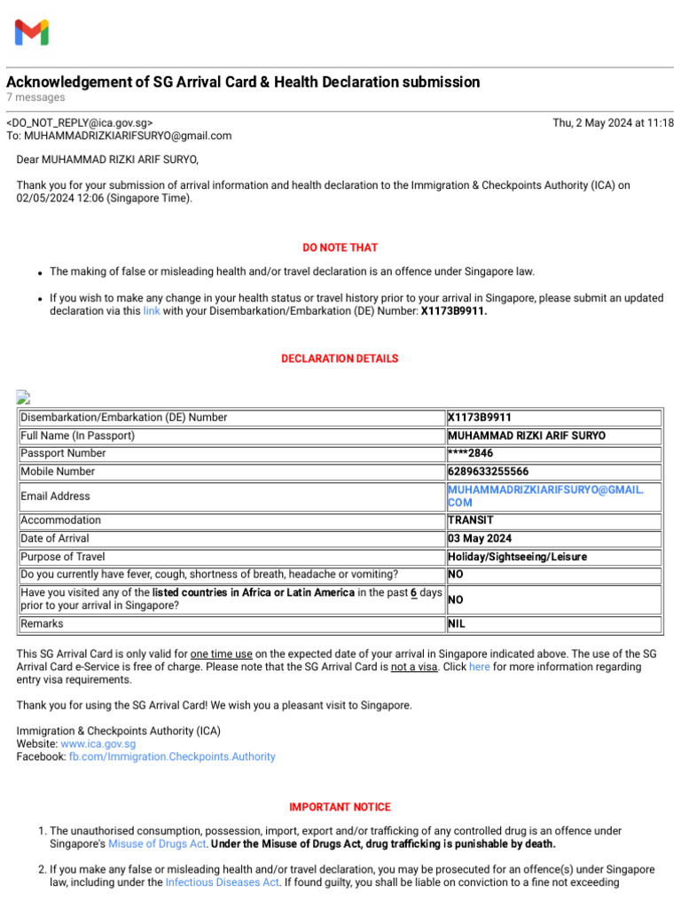 SG Arrival Card & Health Declaration Acknowledgment | PDF | Travel Visa ...