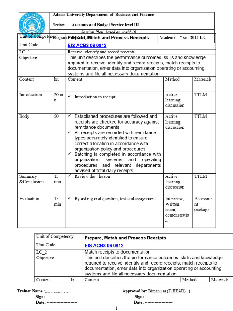 Prepare Match and Process Receipt Session Plan | PDF | Learning | Business