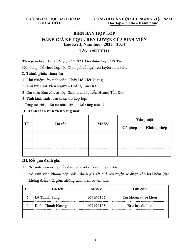 Bien Ban Hop Lop Danh Gia Ket Qua Ren Luyen Kì 1 2023 2024 | PDF